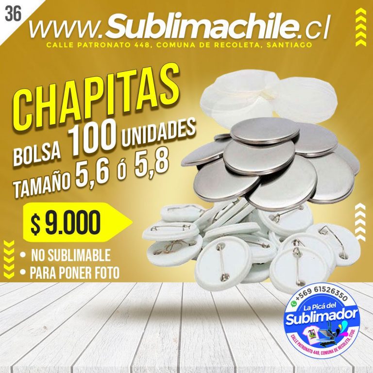 Pack de 100 chapitas metalicas - Sublimachile - Santiago Chile