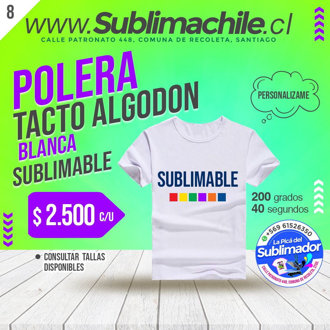 Polera Tacto Algodón Blanca Sublimable $2.500 - Sublimachile - Santiago ...