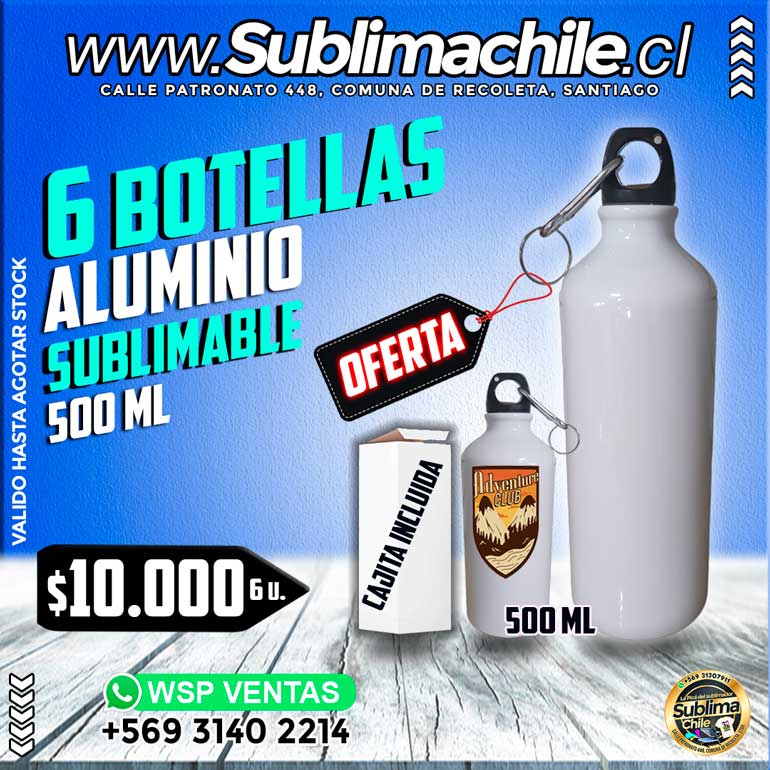 Pack 6 Botellas de aluminio 500 ml Sublimable - Sublimachile - Santiago Chile