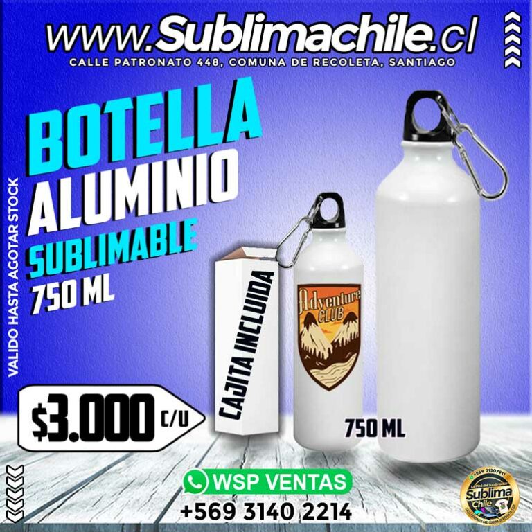 Botella de Aluminio Sublimable 750ml - Sublimachile - Santiago Chile
